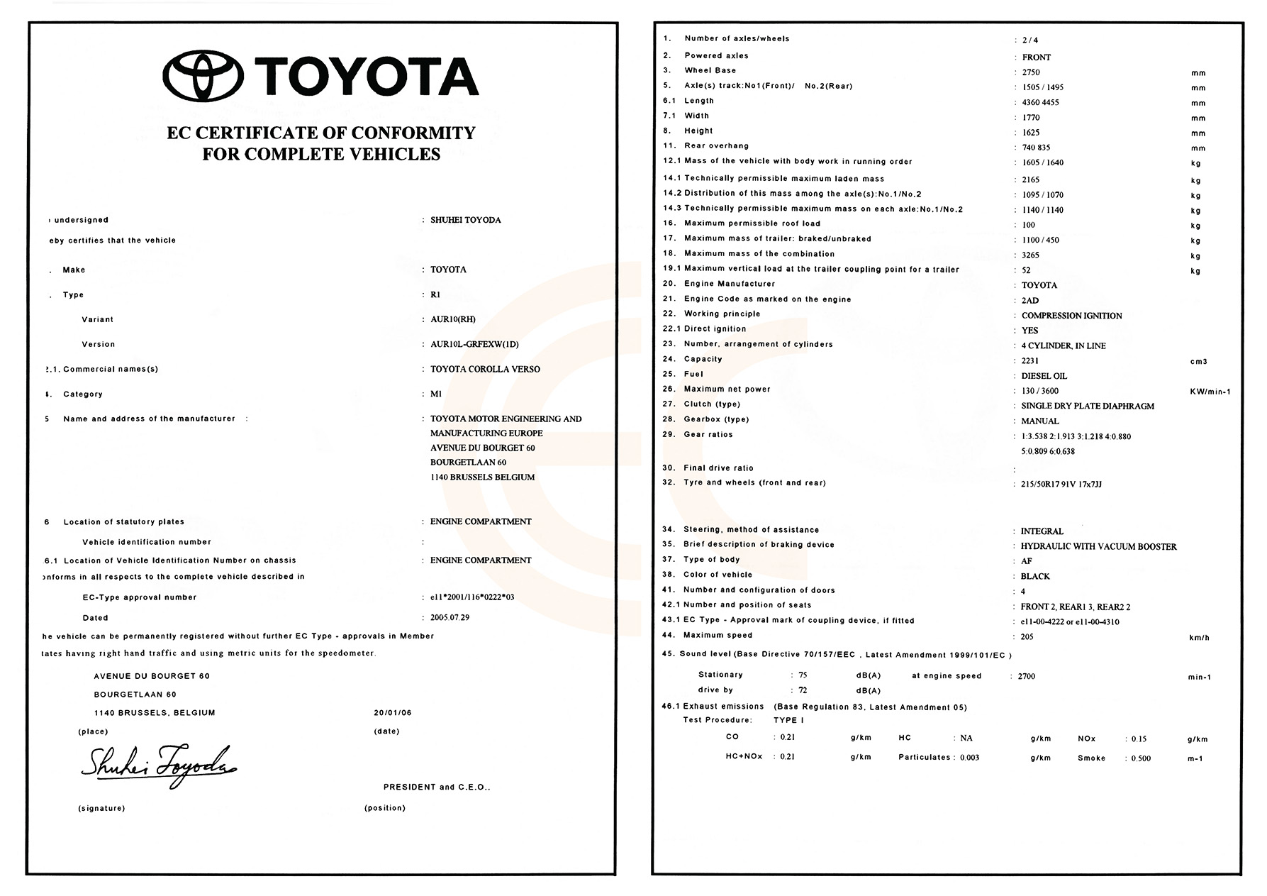 Certificat de conformité (COC) Toyota